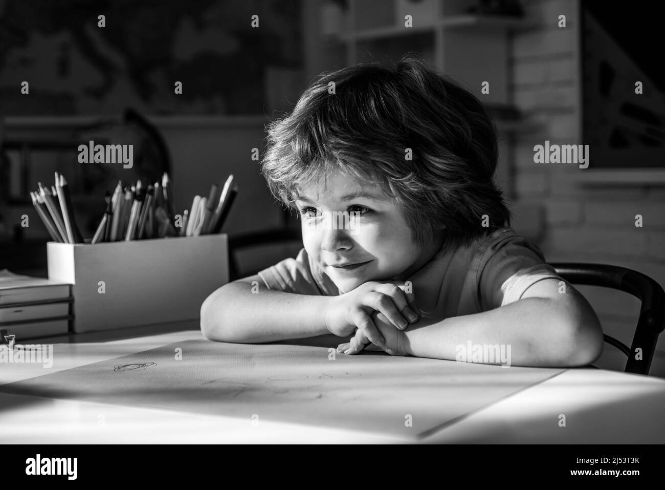 Cute face of pupil, close up. Portrait of Pupil of primary school study ...