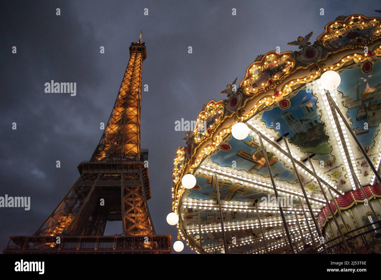 Paris, France, Europe: the Eiffel Tower seen at night with the Eiffel ...