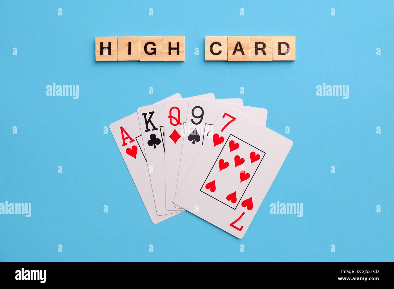 High card combination. Poker Playing Cards on blue background with ...