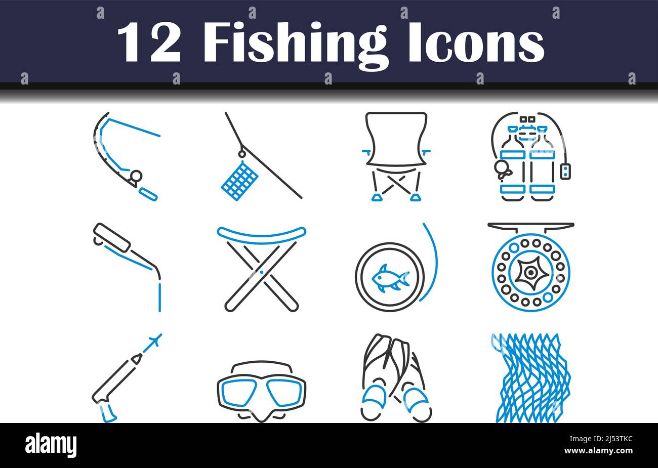 Fishing Icon Set. Editable Bold Outline With Color Fill Design. Vector ...