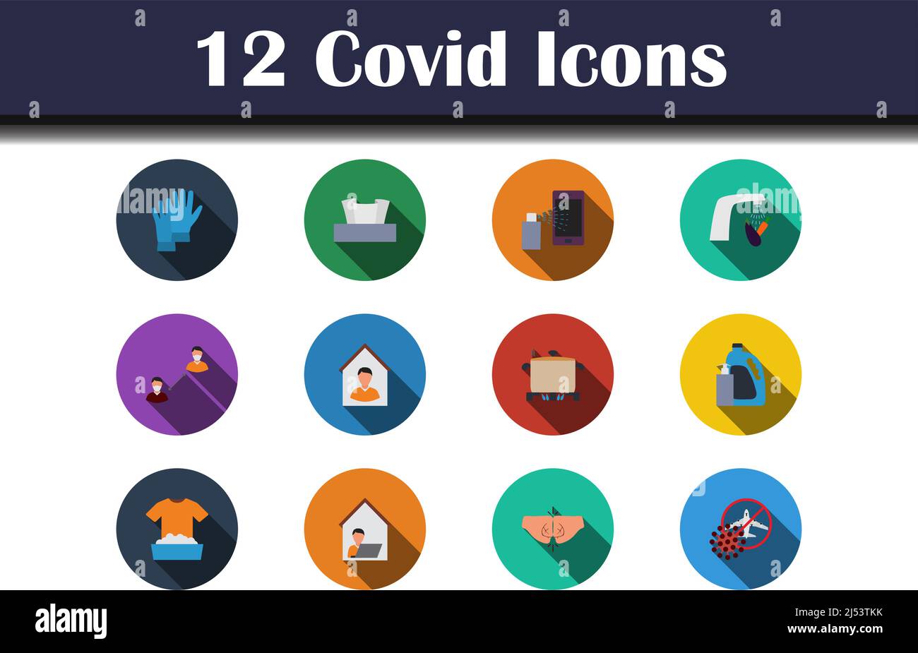 Covid Icon Set. Flat Design With Long Shadow. Vector illustration Stock ...