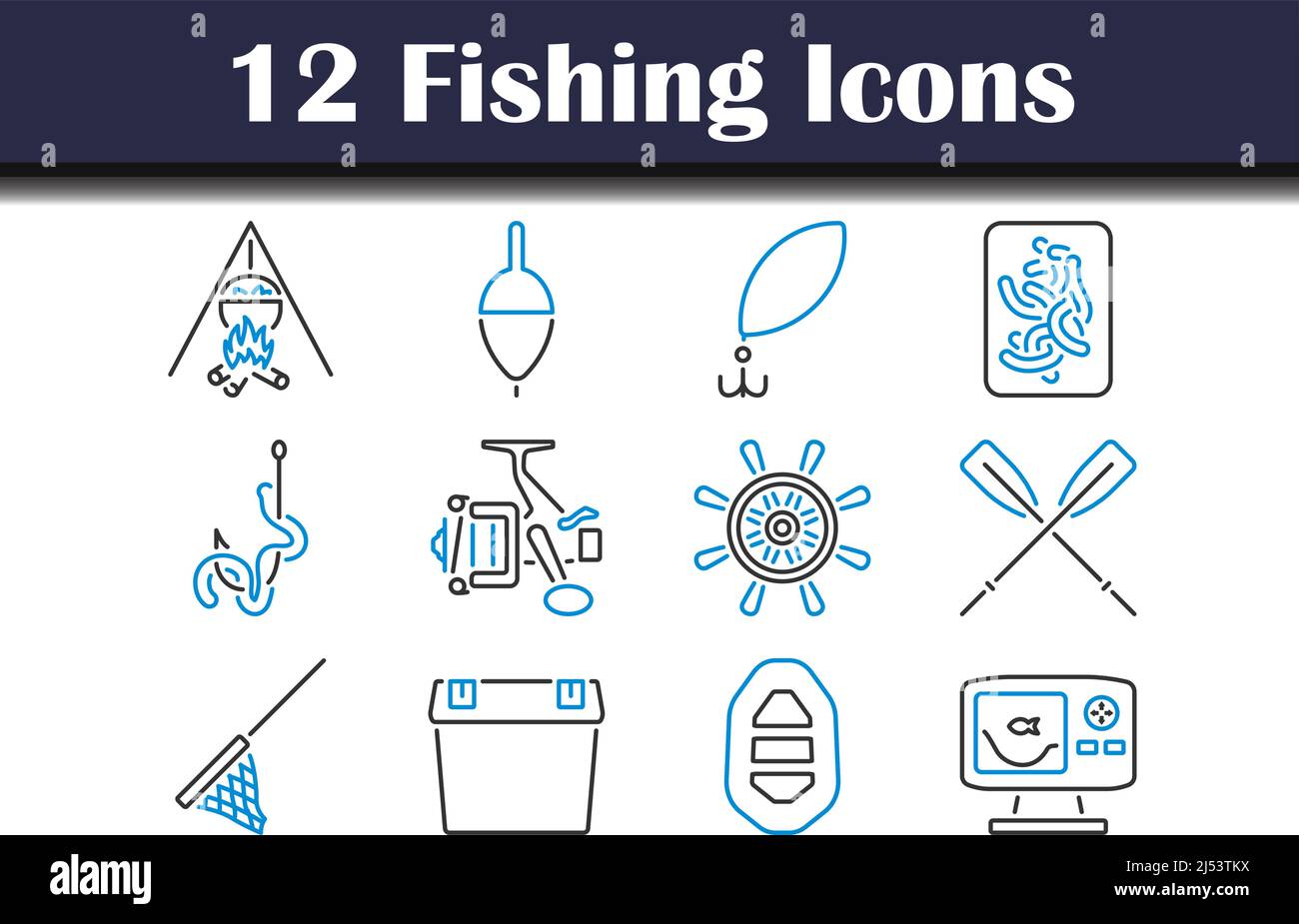 Fishing Icon Set. Editable Bold Outline With Color Fill Design. Vector ...