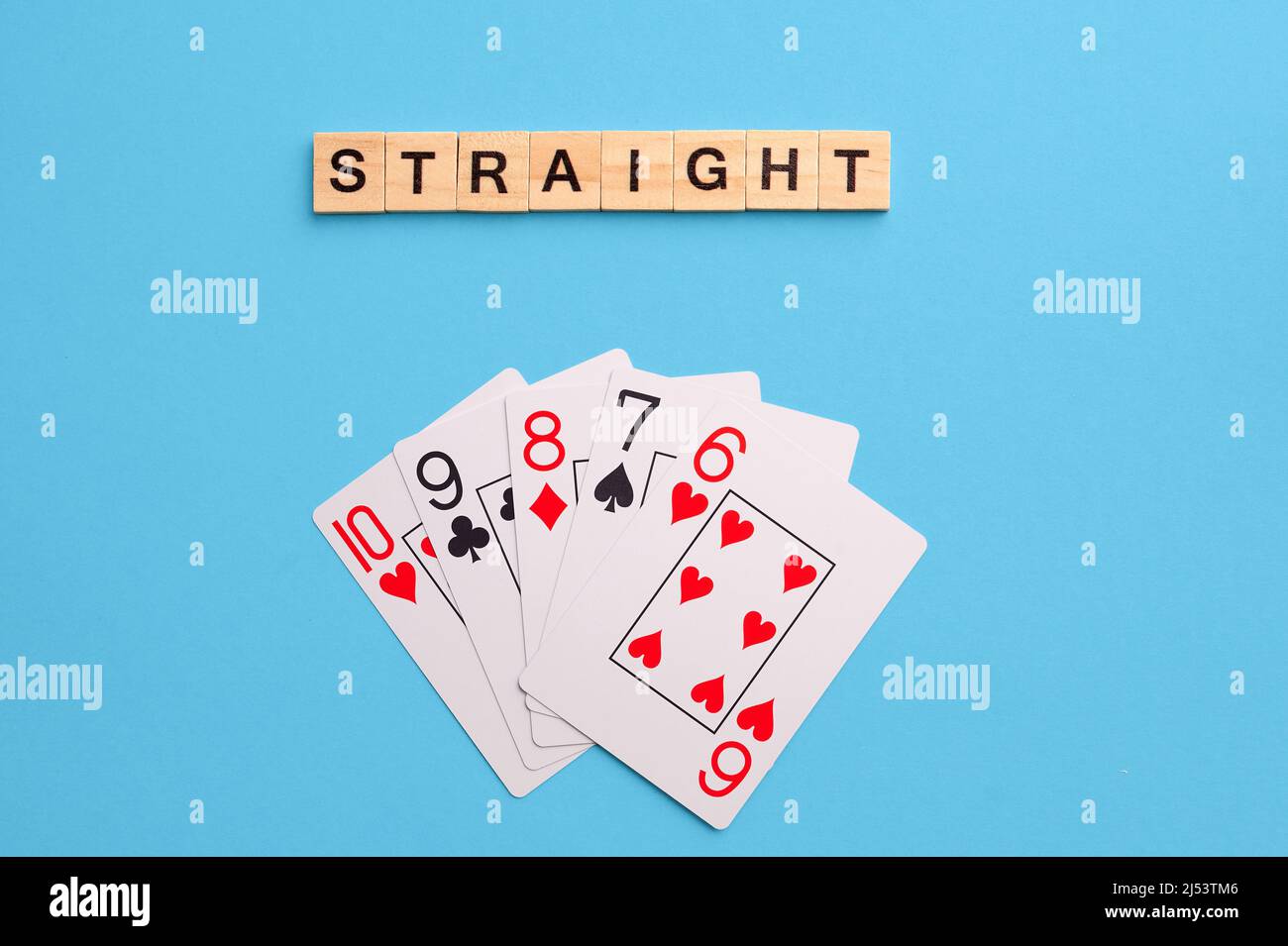 Straight combination. Poker Playing Cards on blue background with ...
