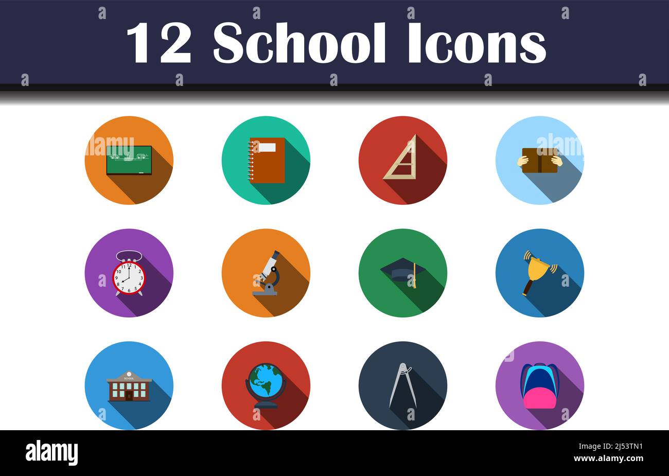 School Icon Set. Flat Design With Long Shadow. Vector illustration ...