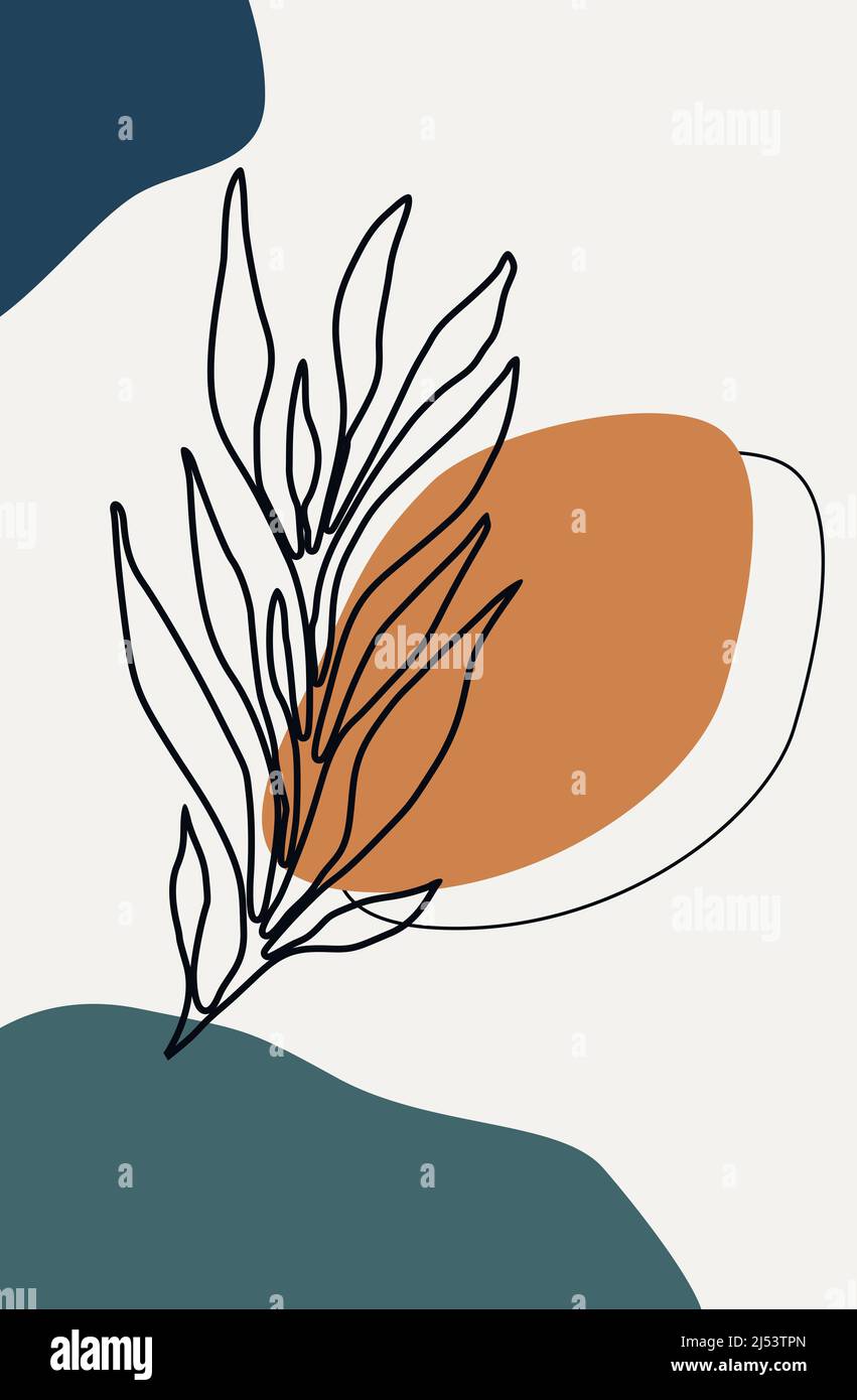 Hand drawn continuous line sketch of abstract plant leaf on colorful ...