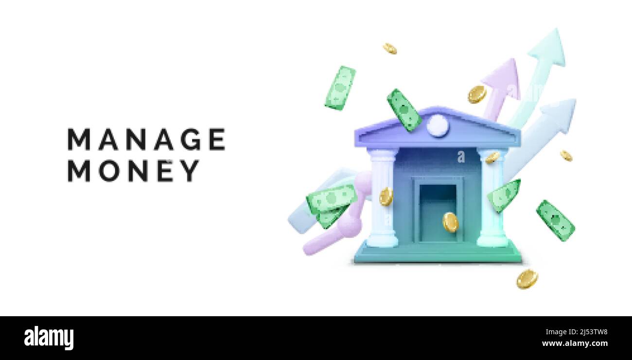 Bank building and falling coins and paper currency with arrows on ...