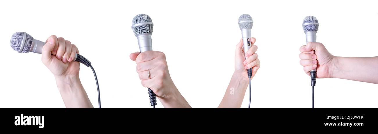 People holding different microphones on white background, closeup. The ...