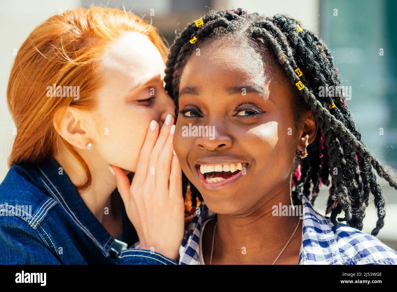 Happy brightful positive moments of two stylish girls Stock Photo - Alamy
