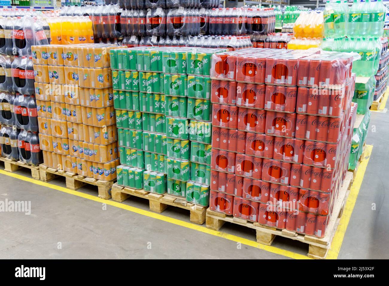 Tyumen, Russia-March 25, 2022: Coca-Cola, Fanta and Sprite Cans. The ...