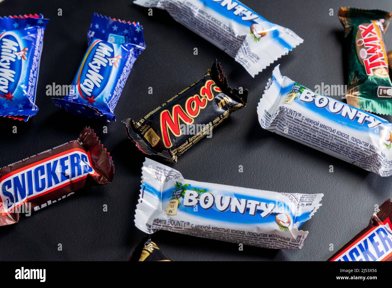 Tyumen, Russia-January 23, 2022: Snickers Mars Twix Bounty Milky Way ...