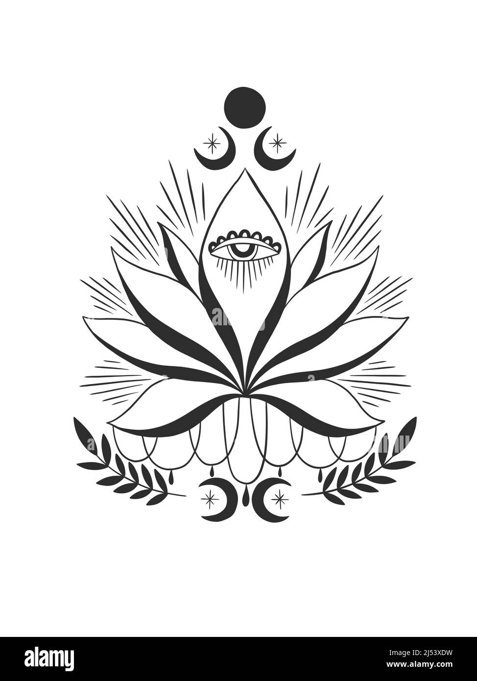 Mystic aesthetic lotus witch mage composition print. Hand draw black ...