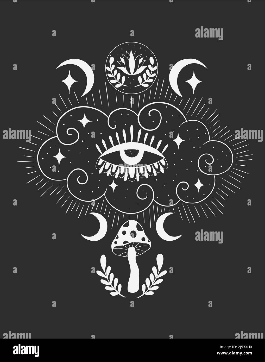 Mystic aesthetic witch mage composition print. Hand draw black color ...