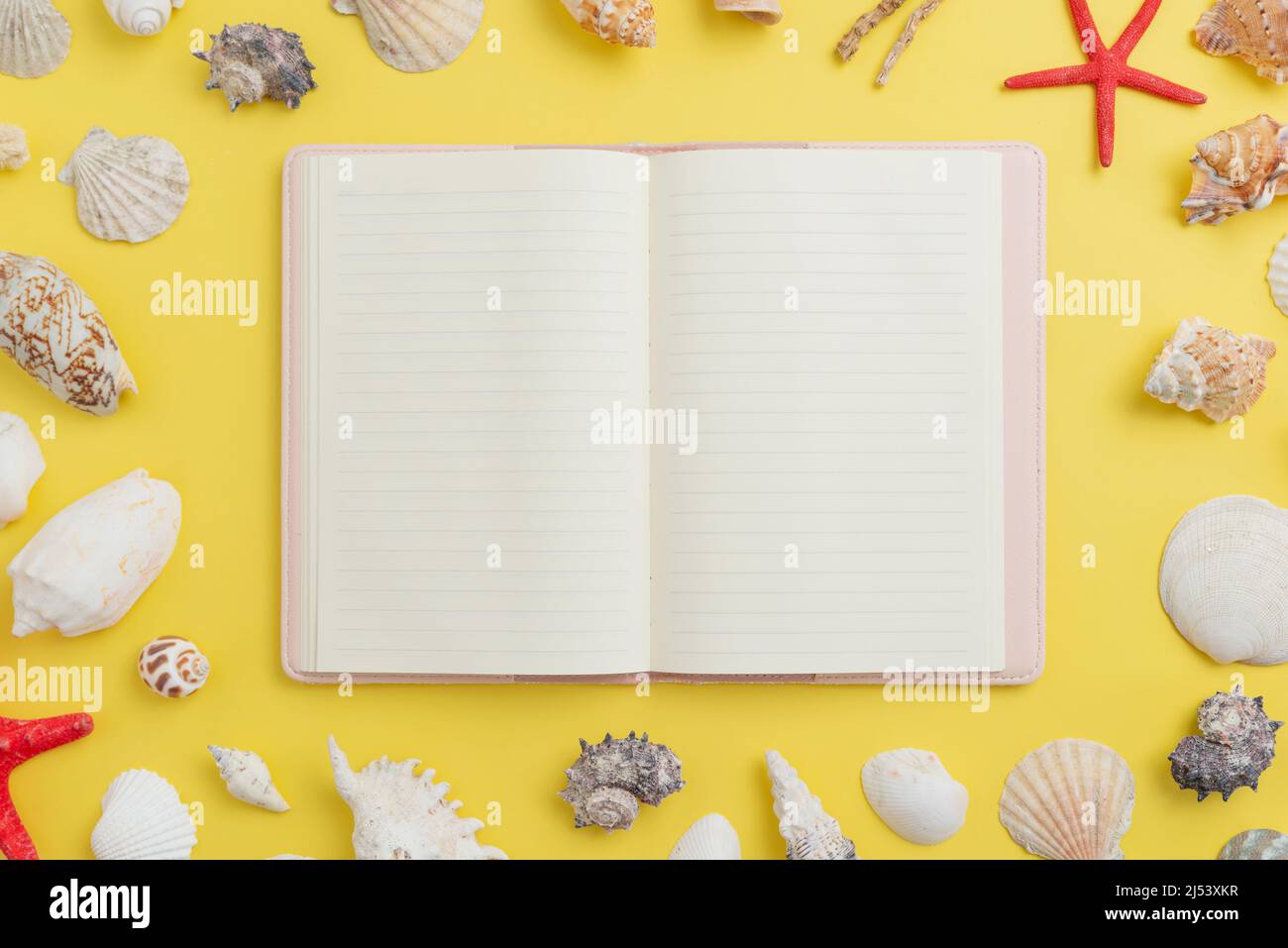 Open blank notebook, surrounded by shells and starfish for promo text ...