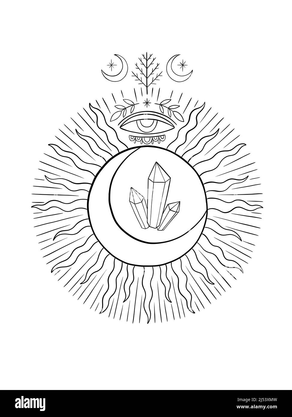 Mystic aesthetic sun witch mage composition print. Hand draw black ...