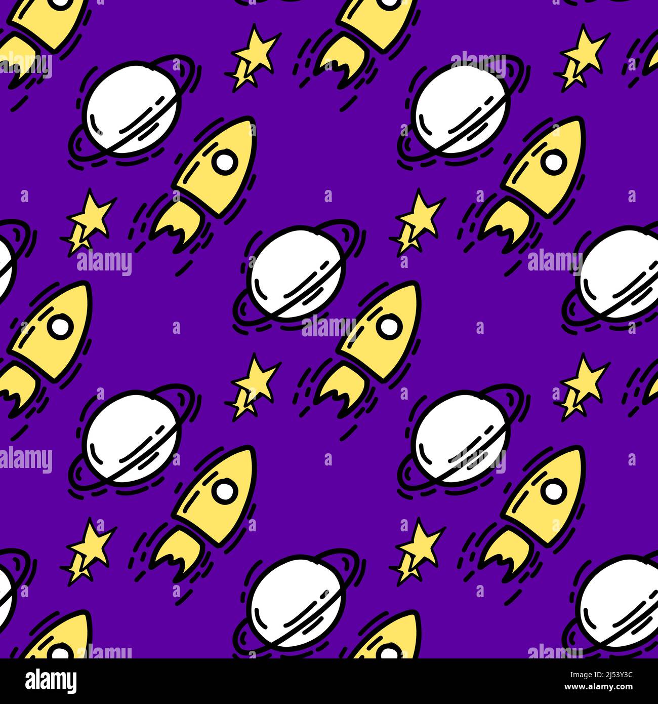 Seamless pattern with Illustration space rocket a doodle style black ...