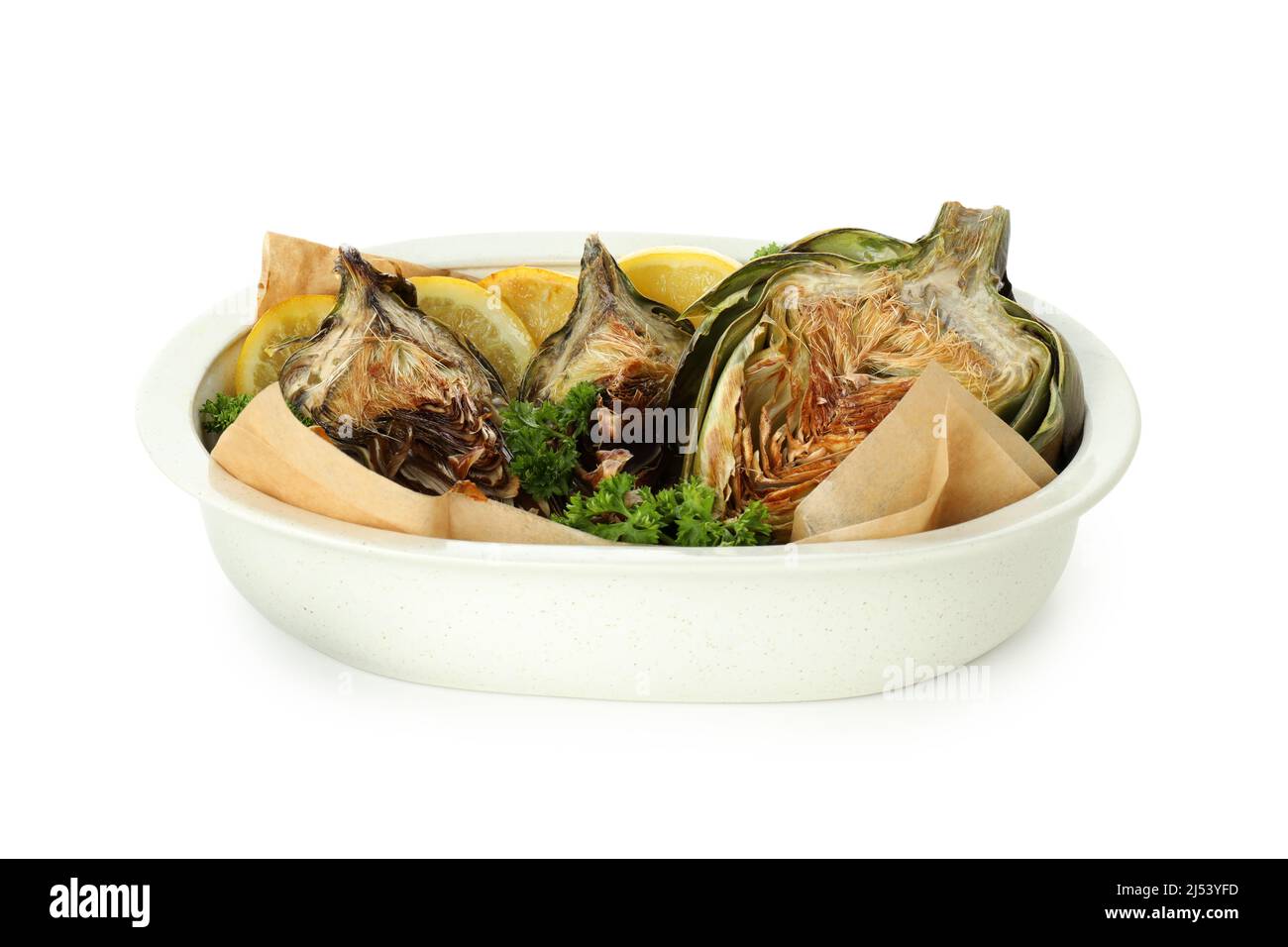 Concept of tasty food with grilled artichoke isolated on white ...