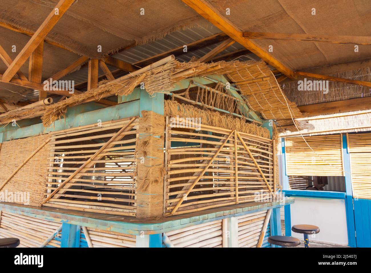 Bar shop built from bamboo trunks and palm leaves, eco-dried material ...