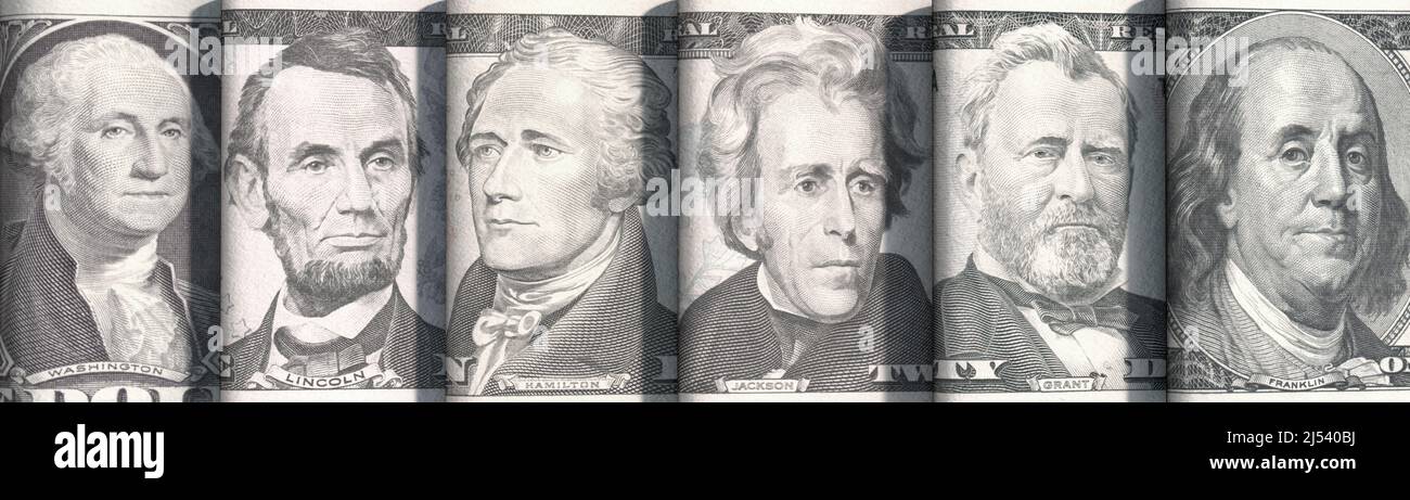 The US dollar bills with the likenesses of the US Presidents in banner ...