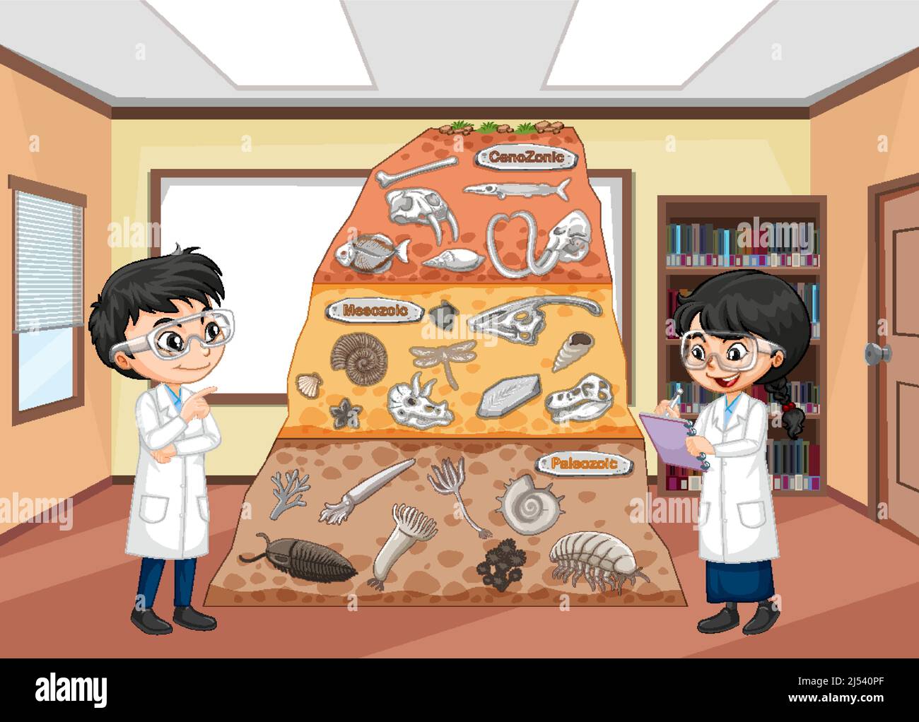 Fossil in soil layers with children cartoon character illustration ...