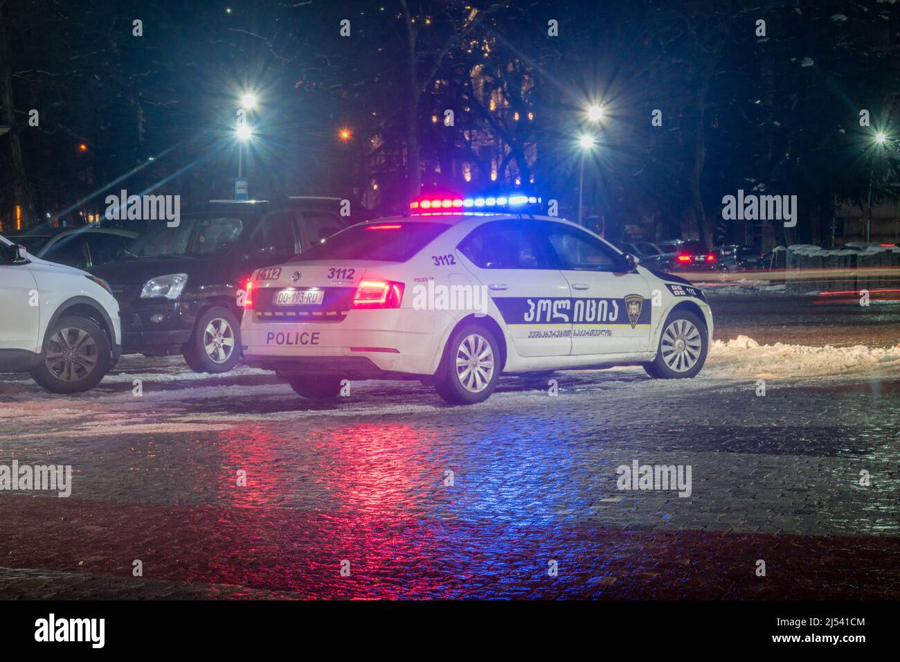 Kutaisi, Georgia - March 17, 2022: Georgian police car with turn on ...