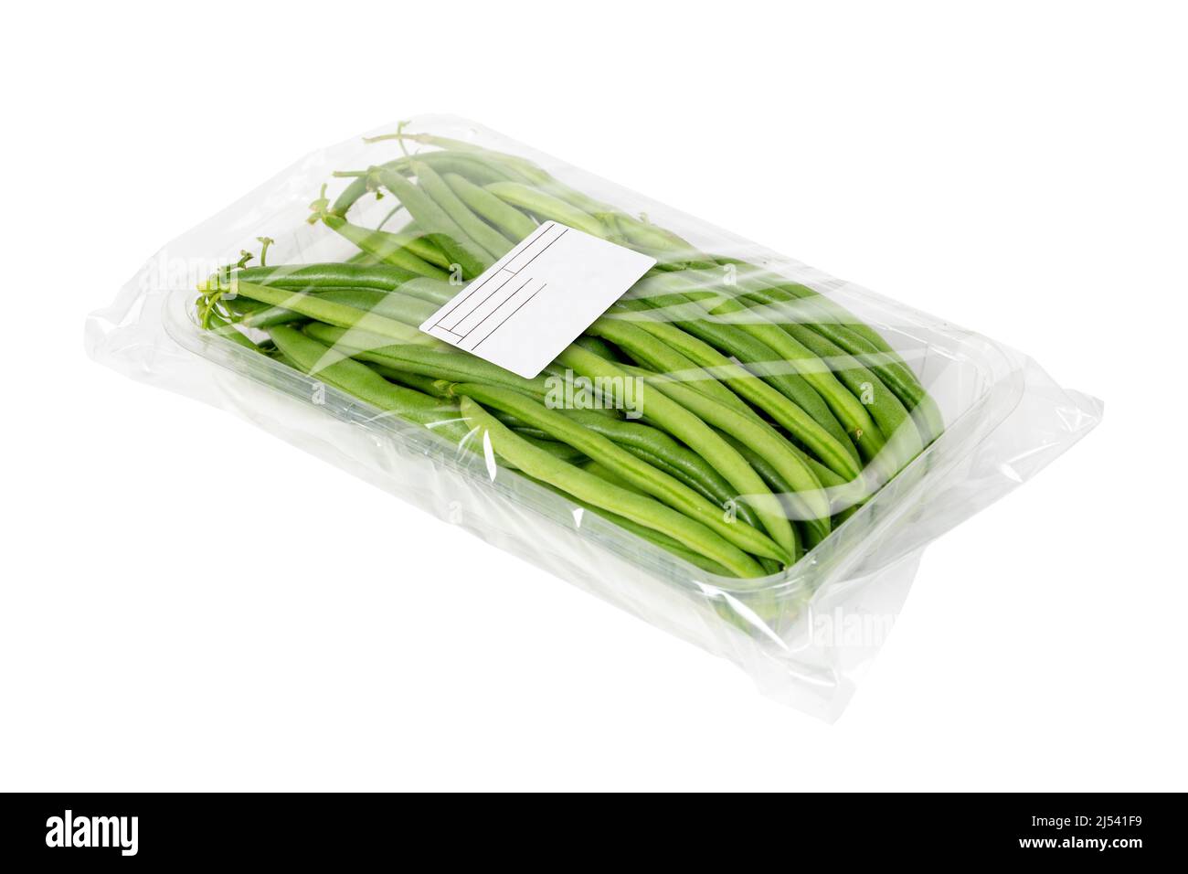 Fresh harvest french beans packaged and labeled on a white background ...