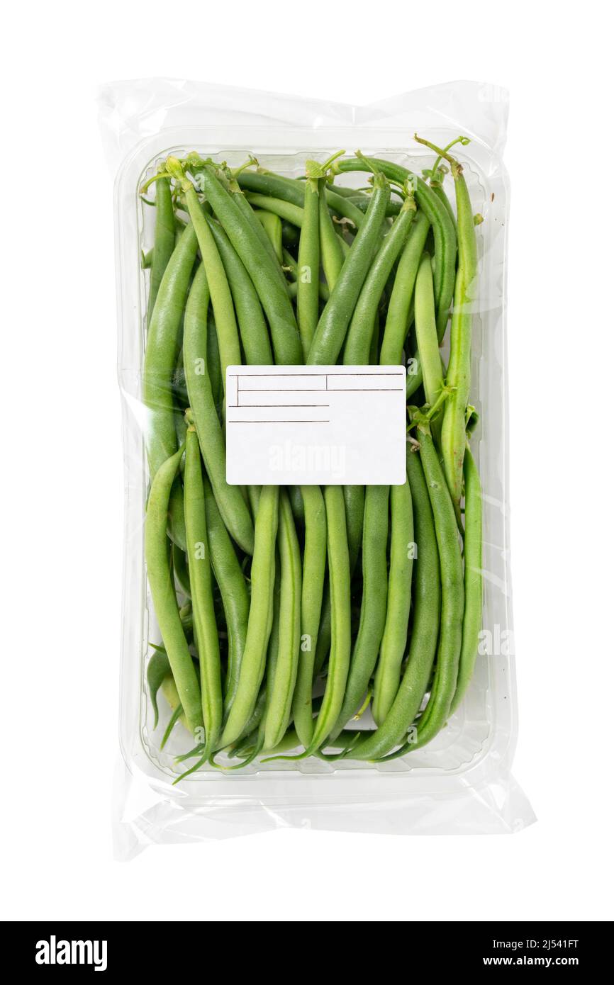 Fresh harvest french beans packaged and labeled on a white background ...