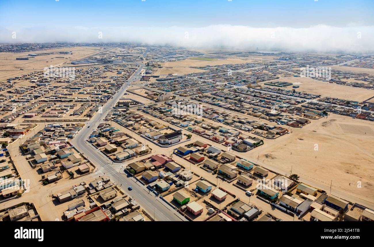 Aerial view of Swakopmund as typical fog and clouds roll in, Skeleton ...