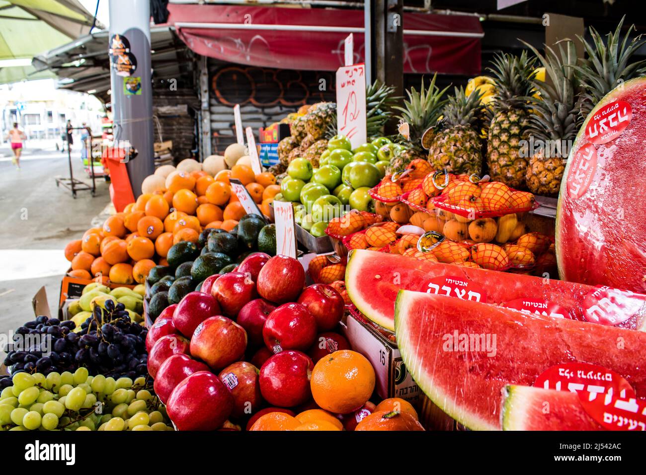 Tel Aviv, Israel - April 18, 2022 Fresh vegetables, fruits, olives ...