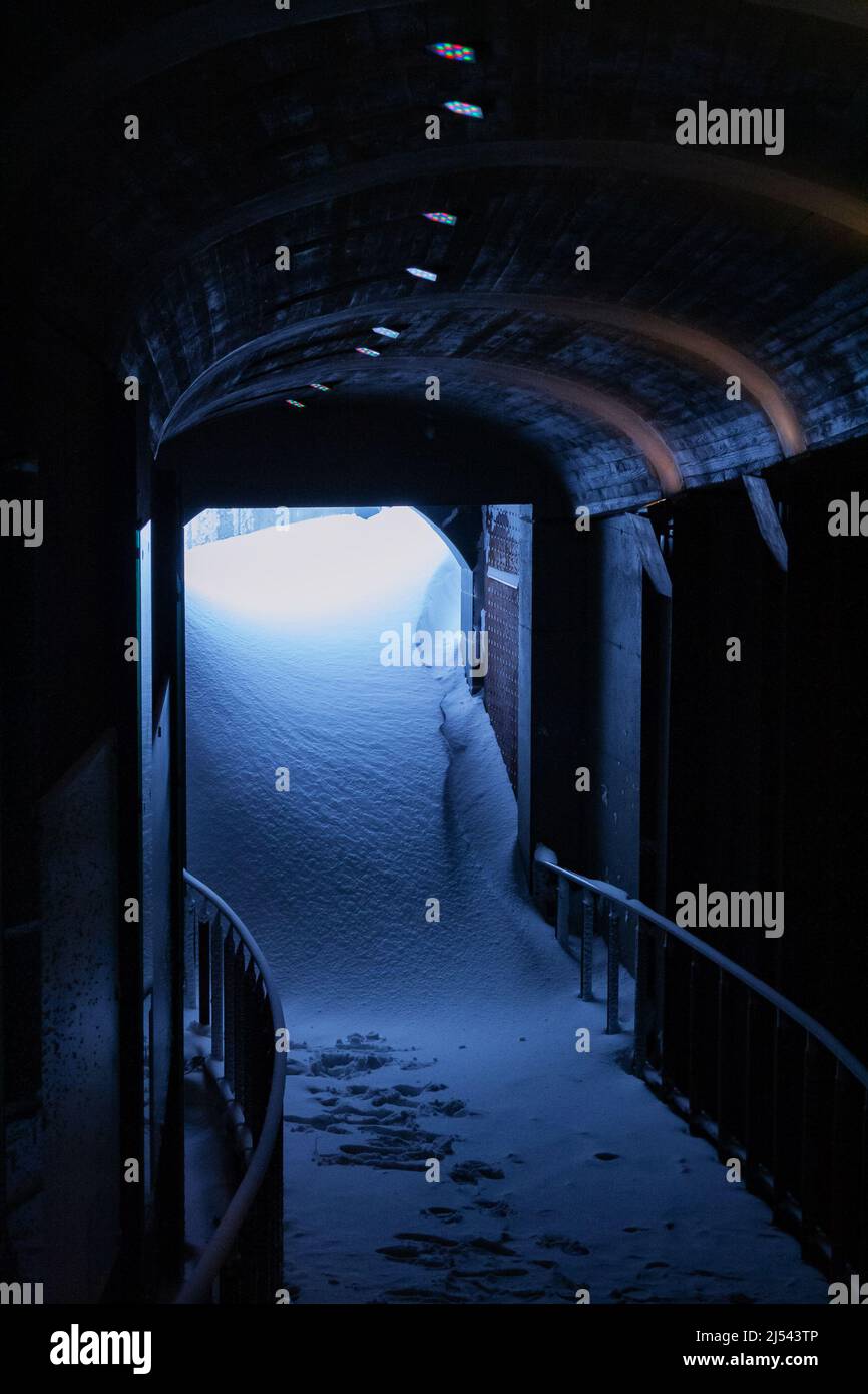 Heavy weather, snow covered entrance for underground passage Stock ...