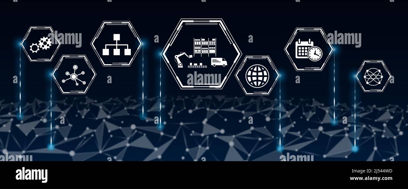 Concept of logistics with icons in hexagons connected to abstract ...