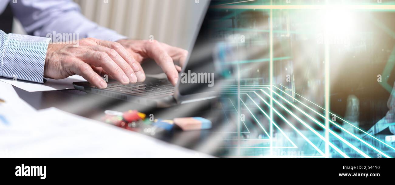 Hands of businessman using laptop at office, light effect; multiple ...