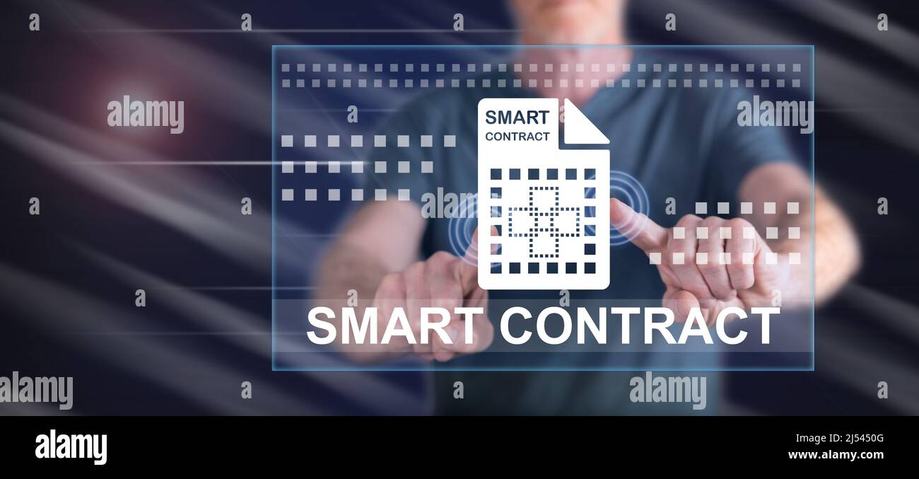 Man touching a smart contract concept on a touch screen with his ...