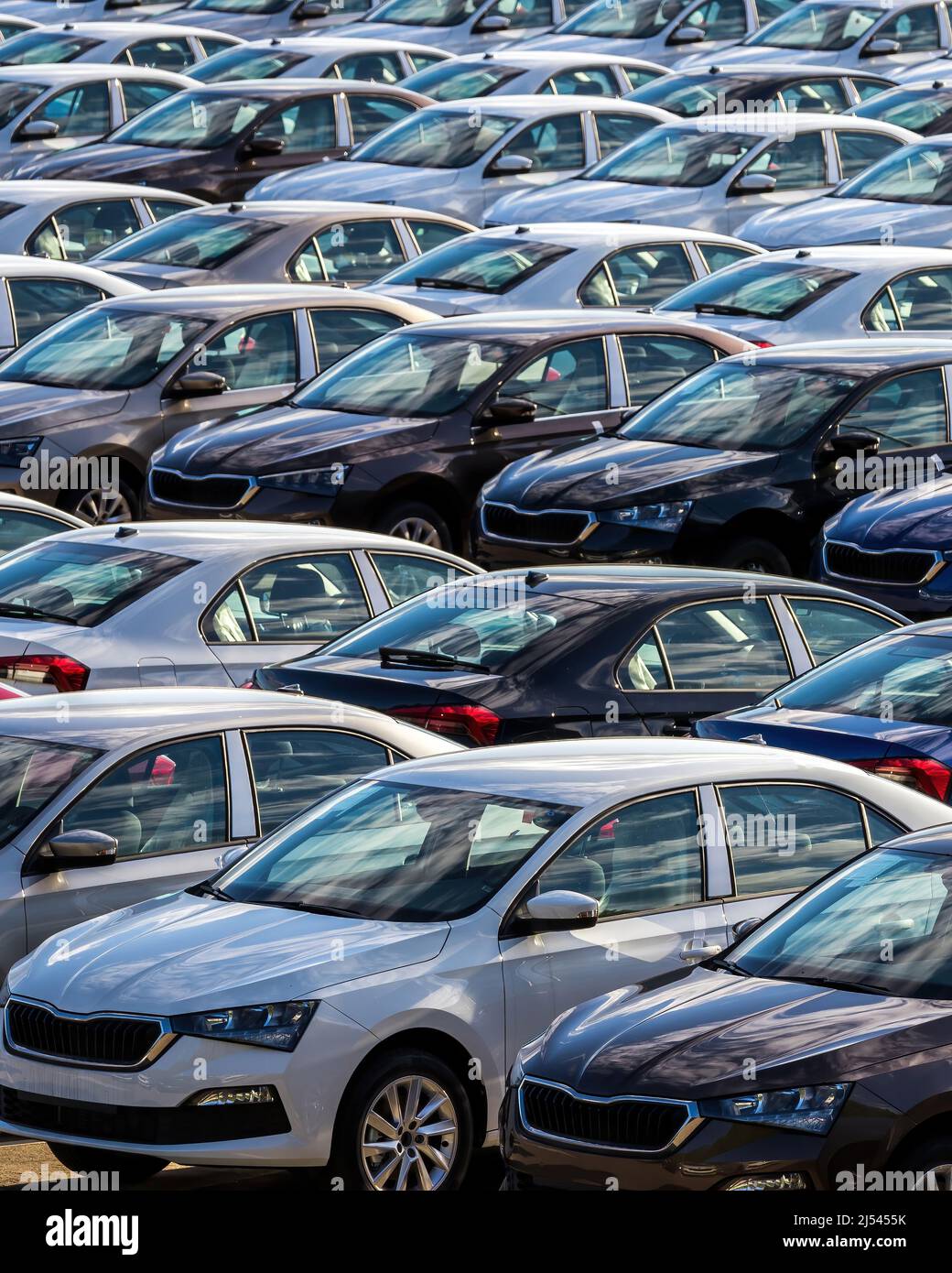 Rows of a new cars parked in a distribution center on a car factory ...