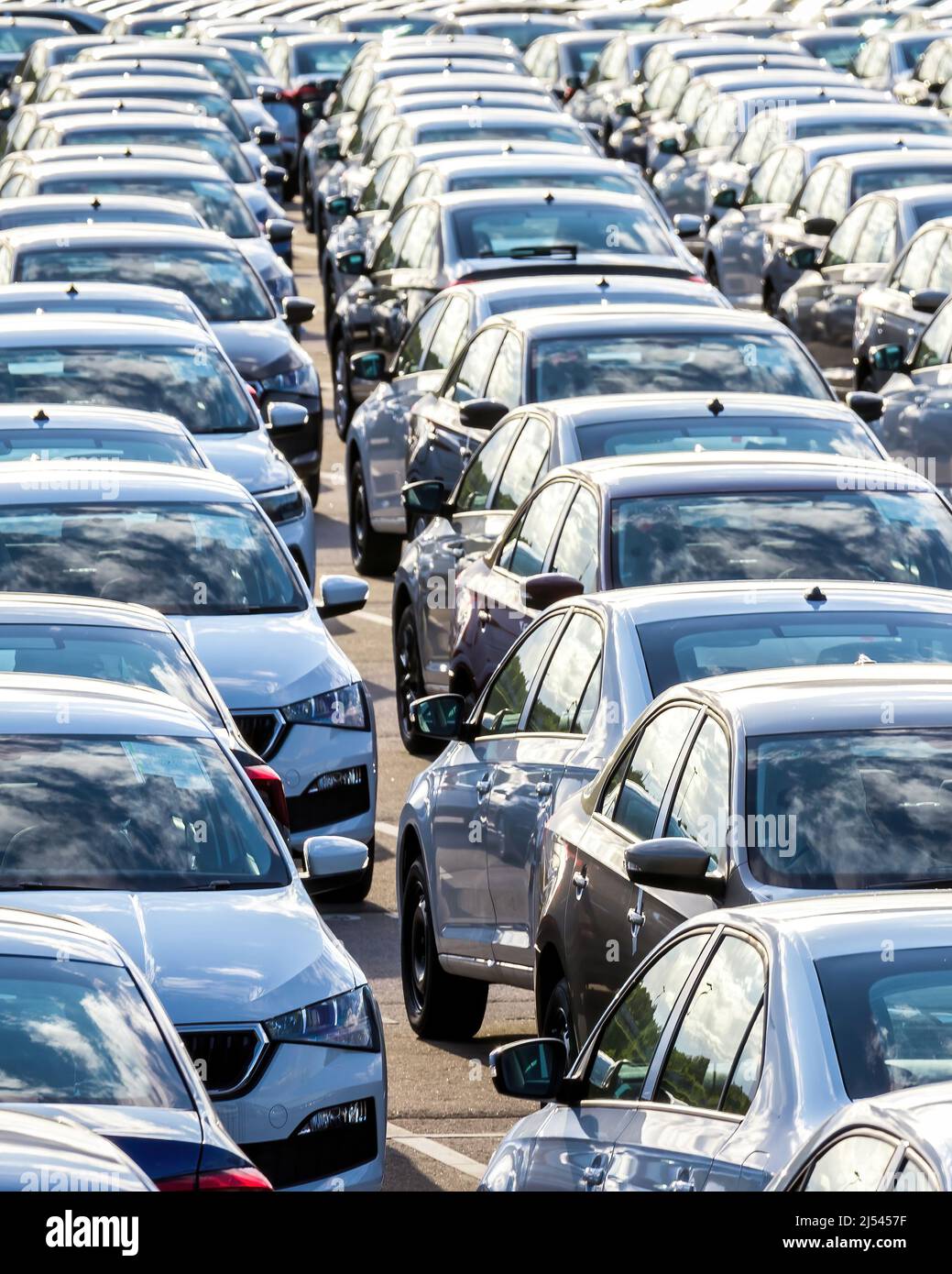 Rows of a new cars parked in a distribution center on a car factory ...