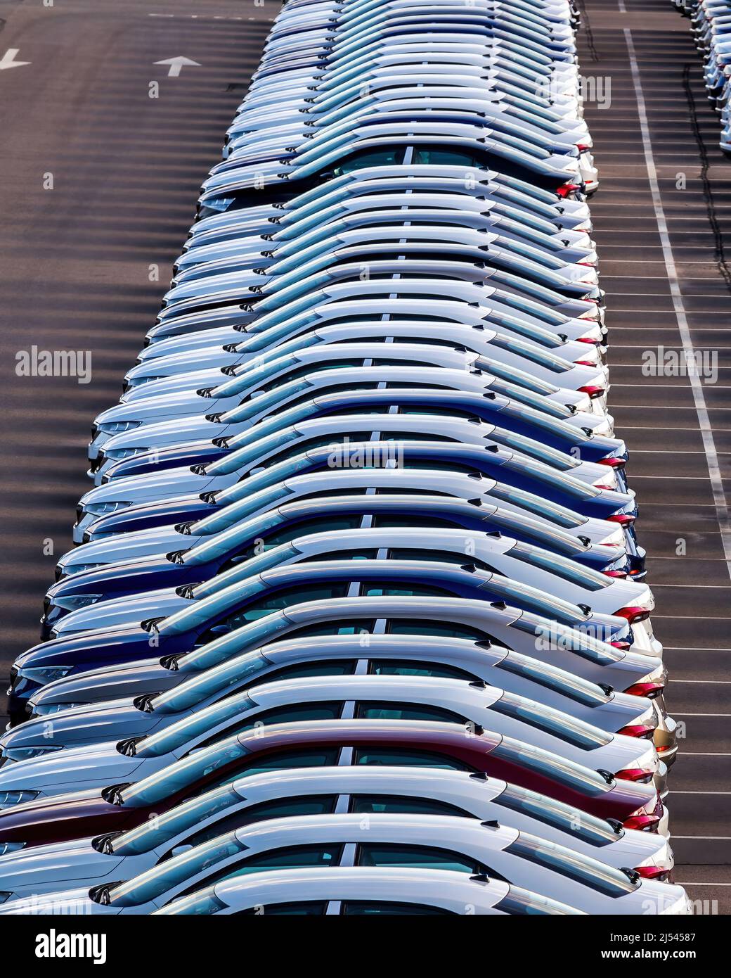Rows of a new cars parked in a distribution center on a car factory ...