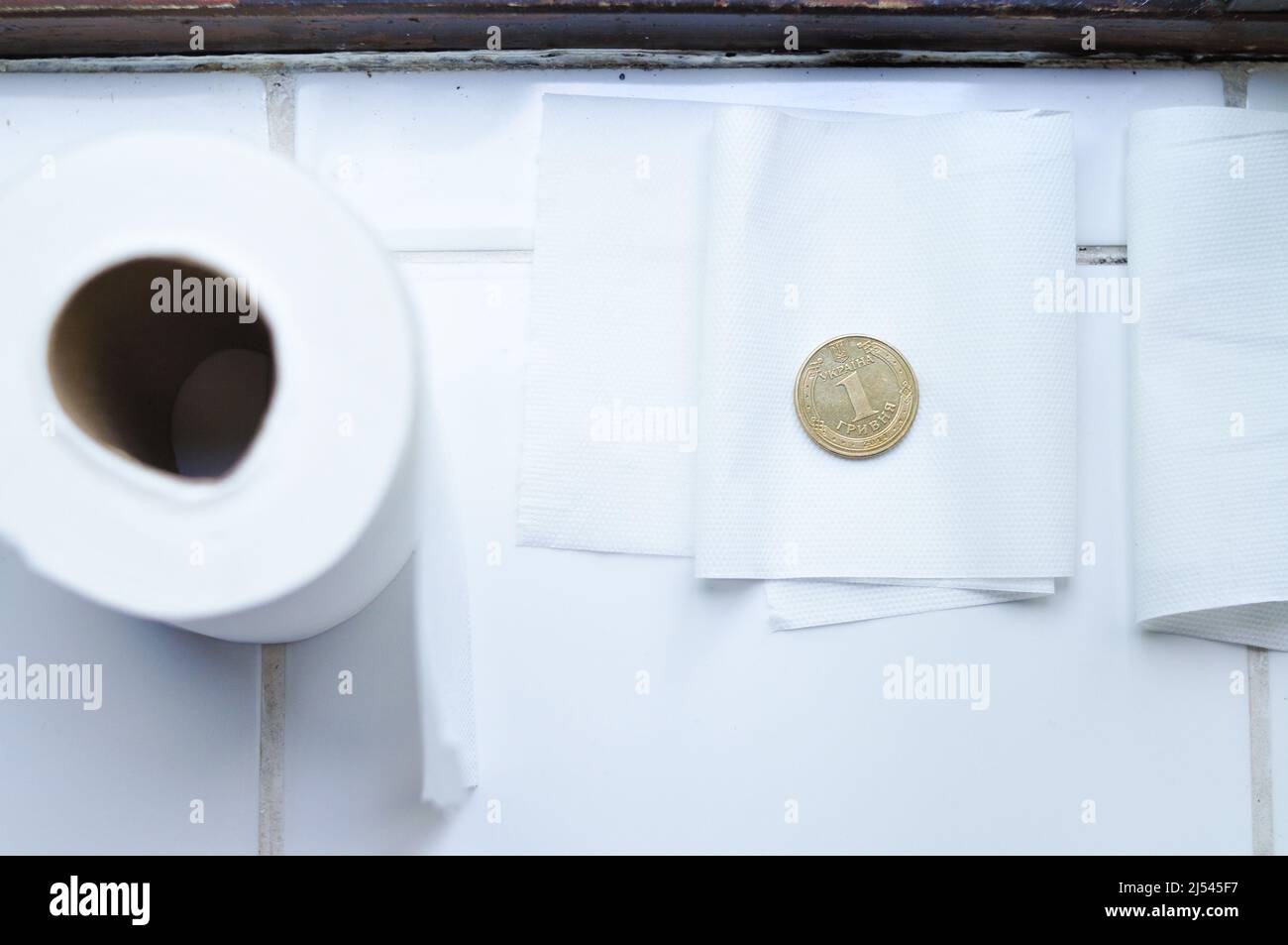 Roll of white toilet paper and golden Ukrainian hryvnia coin ...