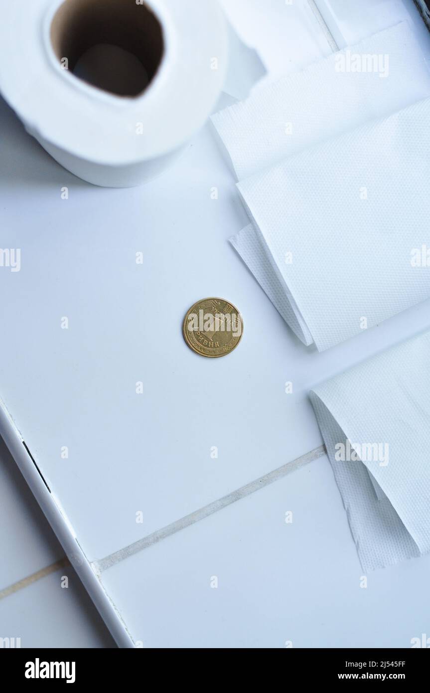 Roll of white toilet paper and golden Ukrainian hryvnia coin ...