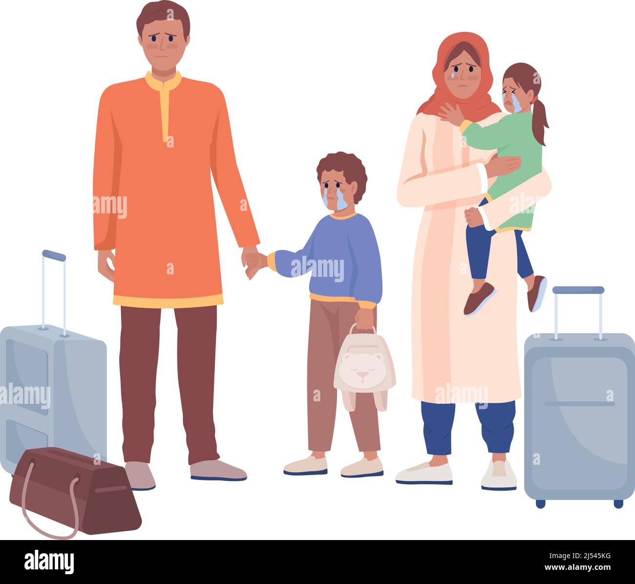 Fleeing family waiting for evacuation train semi flat color vector ...