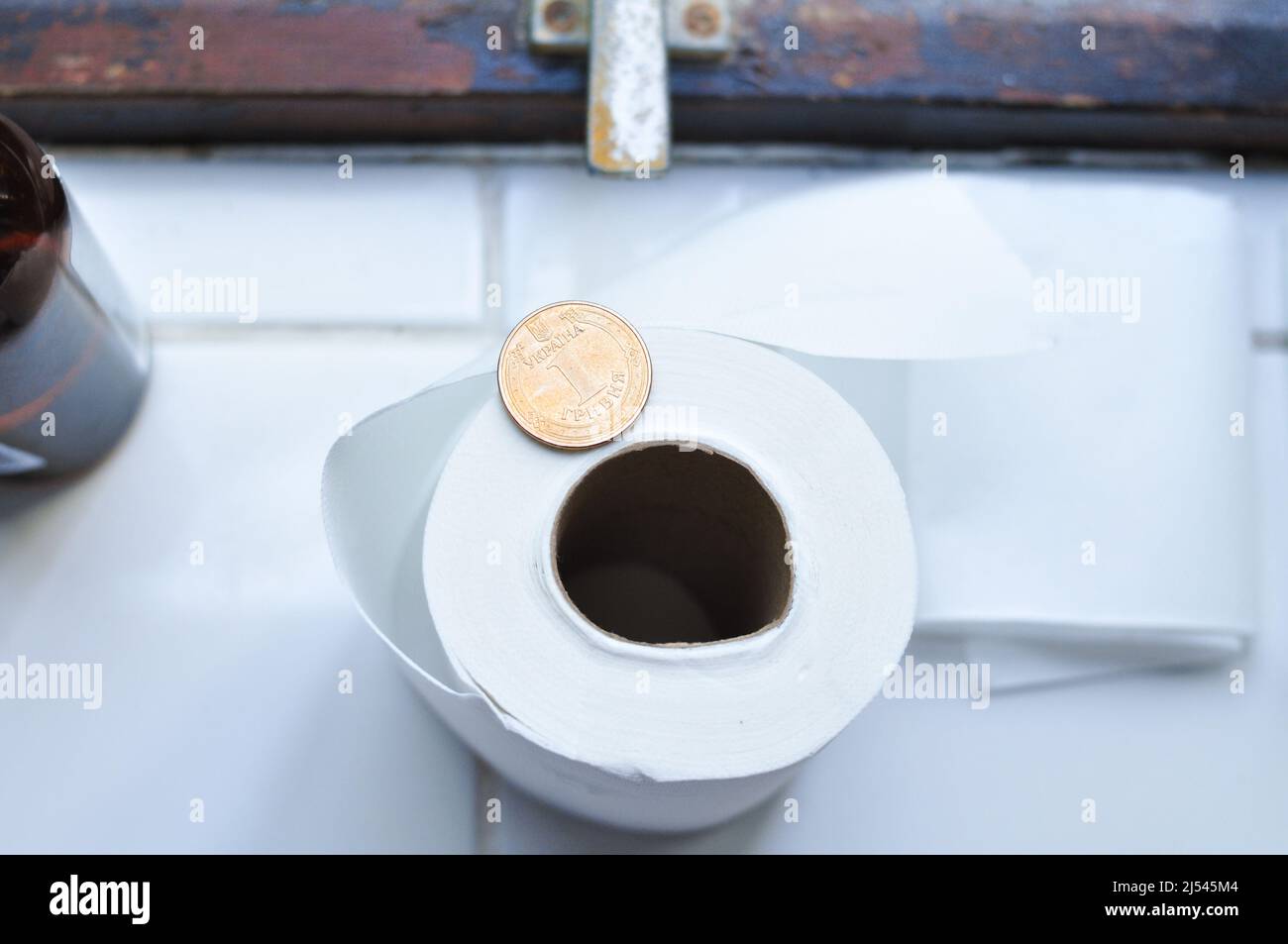 Roll of white toilet paper and golden Ukrainian hryvnia coin ...