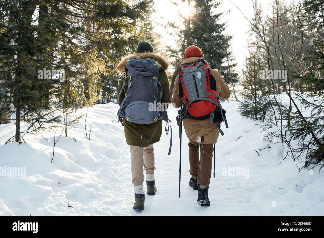 Back view shot of two unrecognizable young people wearing backpacks ...