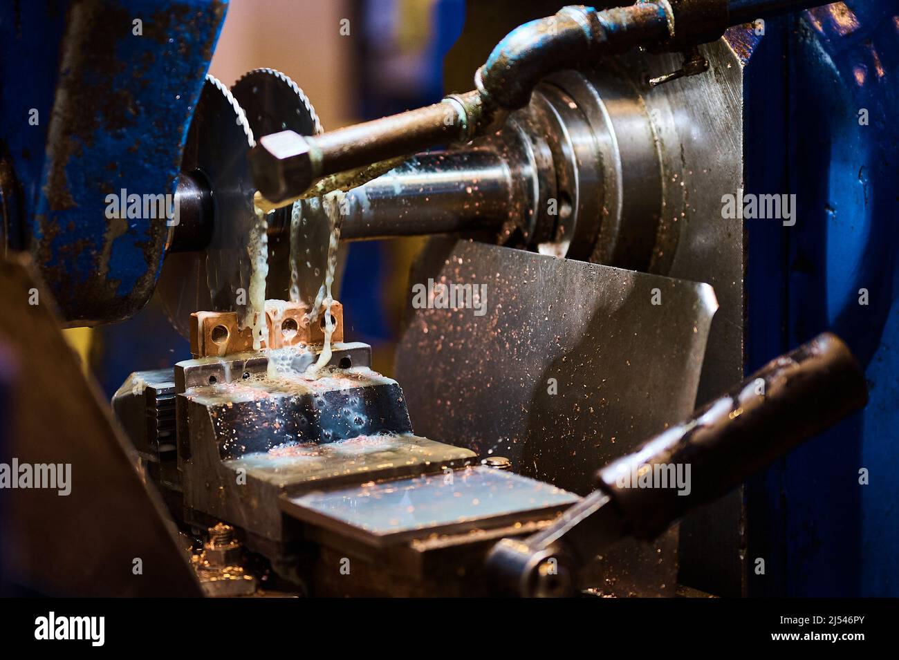 Processing of copper detail sockets with milling machine Stock Photo ...