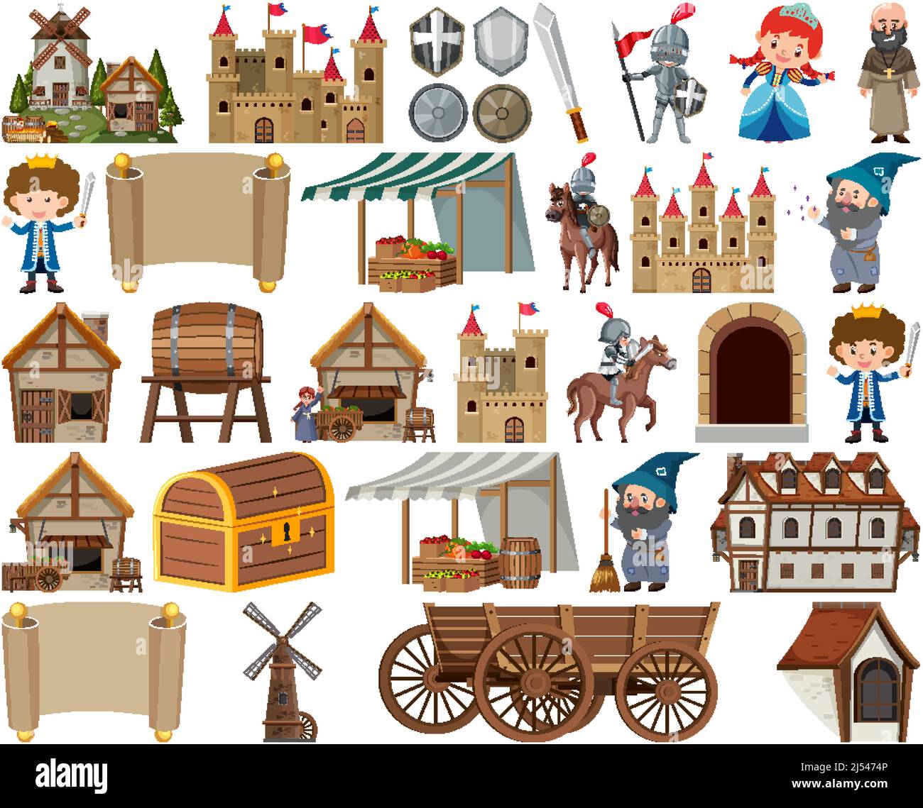 Medieval characters buildings set illustration Stock Vector Image & Art ...