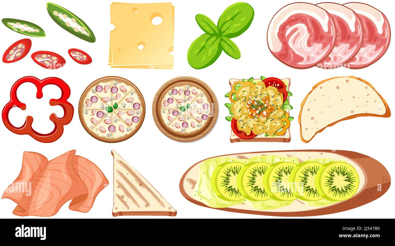 Collection of food ingredients on white background illustration Stock ...