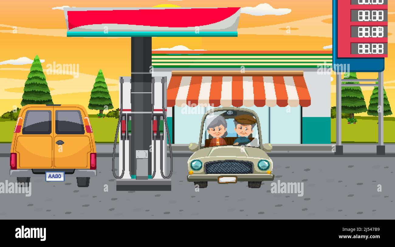 Gas station cartoon scene illustration Stock Vector Image & Art - Alamy