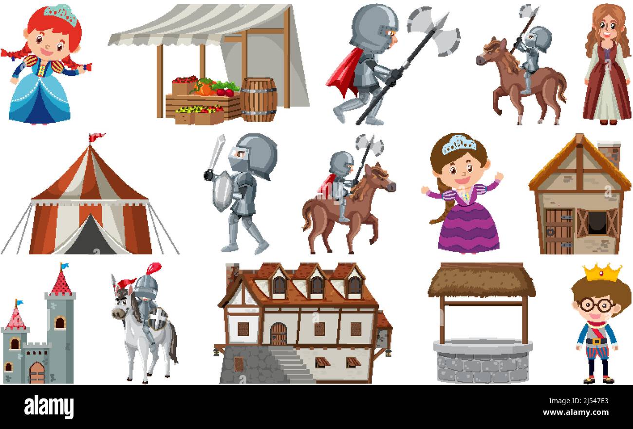 Medieval characters buildings set illustration Stock Vector Image & Art ...