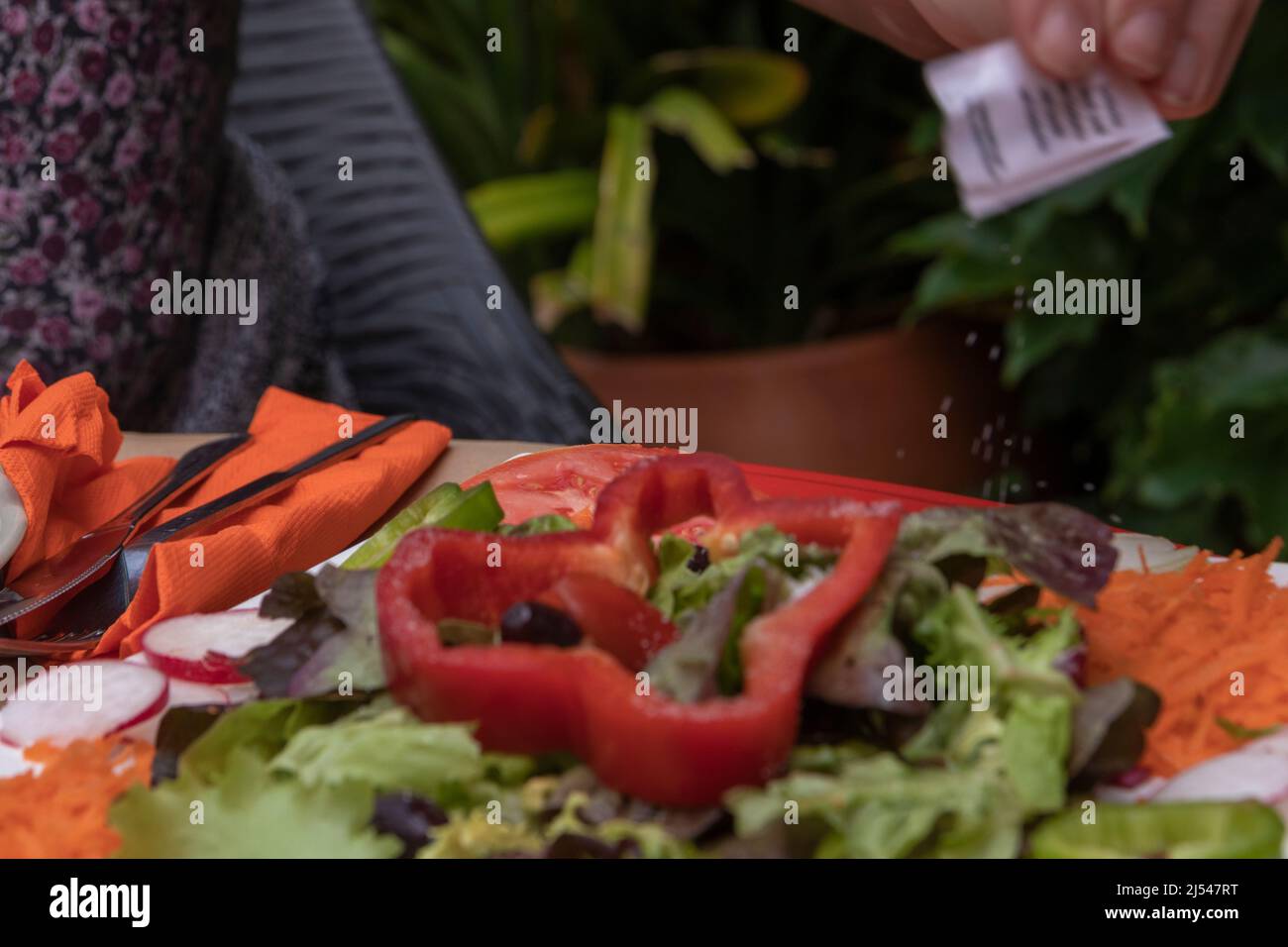 person adding salt to the salad Stock Photo - Alamy