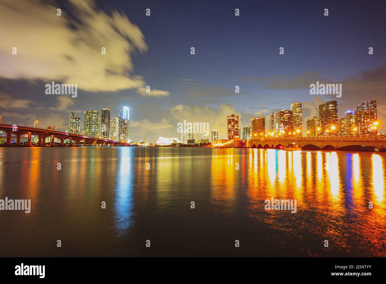 Florida Miami night city skyline. USA downtown skyscrappers landscape ...