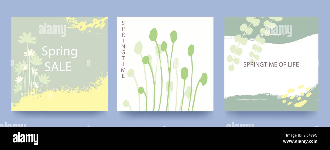 Spring green square backgrounds. Minimalistic style with floral ...