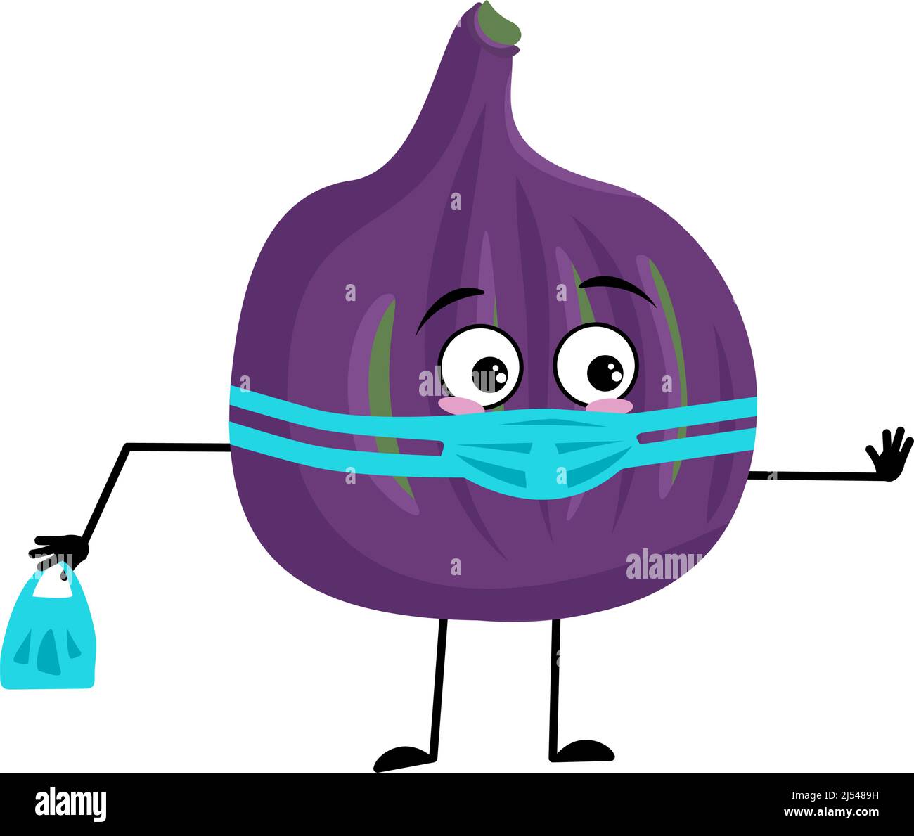 Fig character with face in medical mask and keep distance, hands with ...