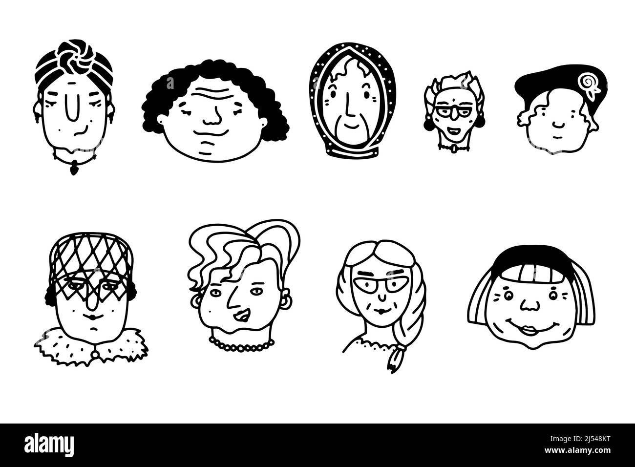 Doodle elderly woman faces set. Hand-drawn human isolated on white ...